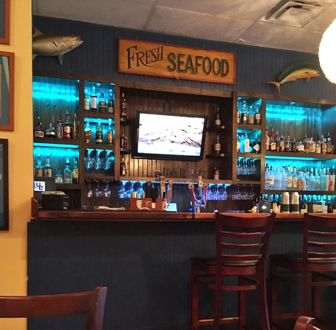 The bar area glows blue like an underwater grotto, promising libations that pair perfectly with creatures from the deep.