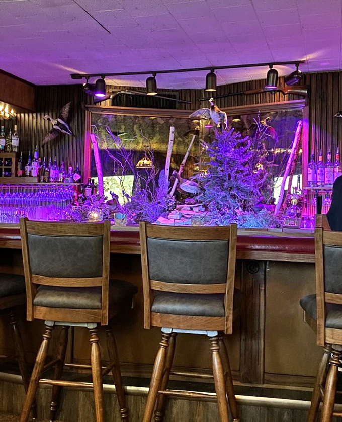 The bar glows with purple ambiance and duck decor, inviting you to start your evening with a proper Wisconsin old fashioned.