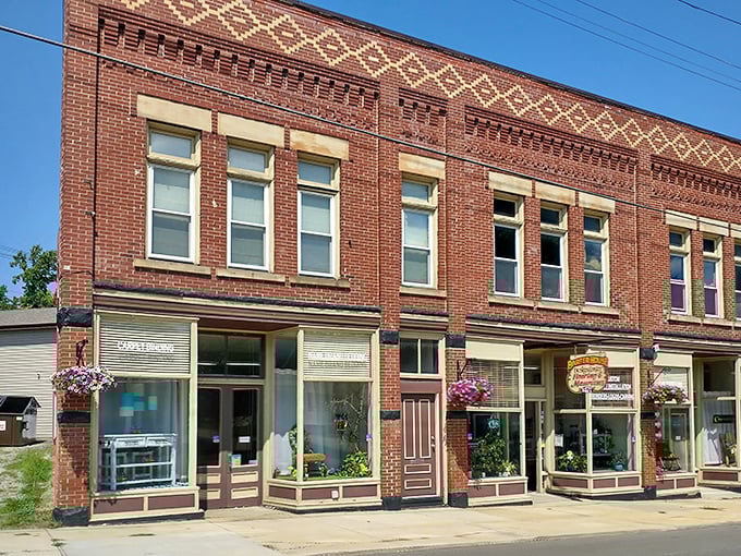 Historic brickwork and decorative details remind you that people once built storefronts to last generations, not just quarterly earnings reports.