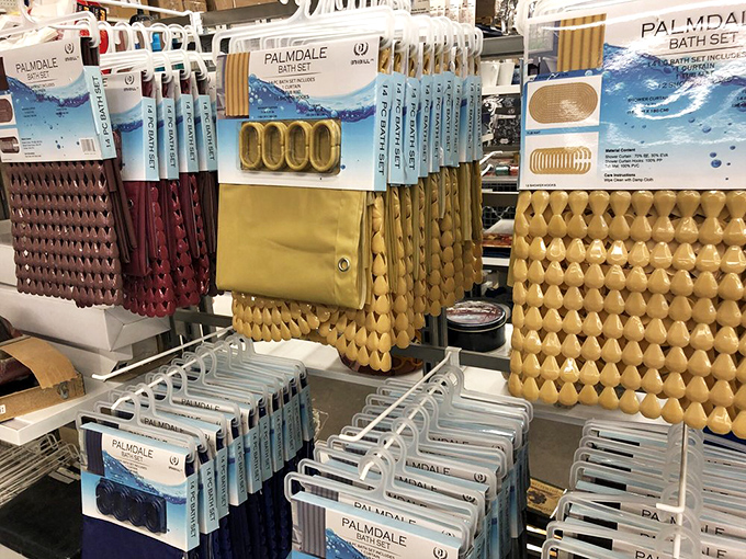 Bath sets hanging like colorful flags of bathroom possibility. Transform your shower experience from blah to spa without breaking the bank.