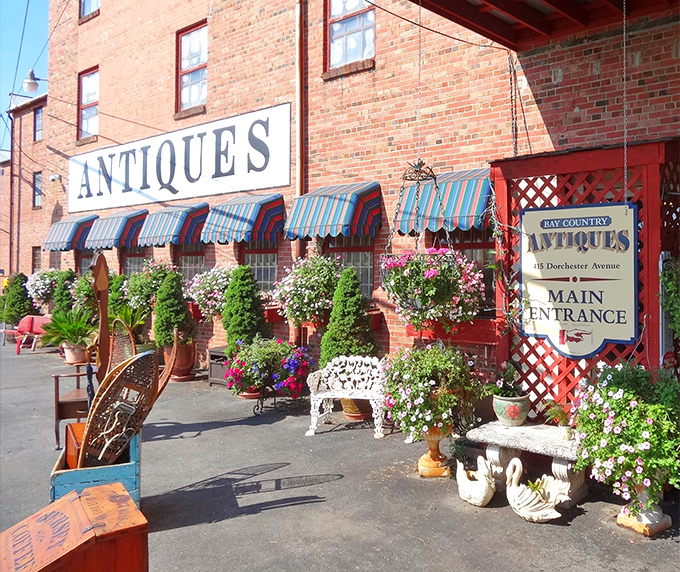 Bay Country Antiques offers treasure hunting amid flower-filled planters, where yesterday's heirlooms await today's bargain hunters.