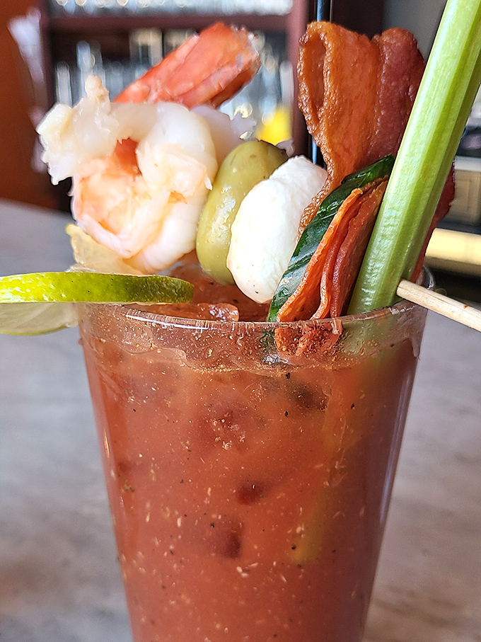 This Bloody Mary isn't just a drink&mdash;it's a meal with a straw. Loaded with enough garnishes to qualify as a small appetizer platter.