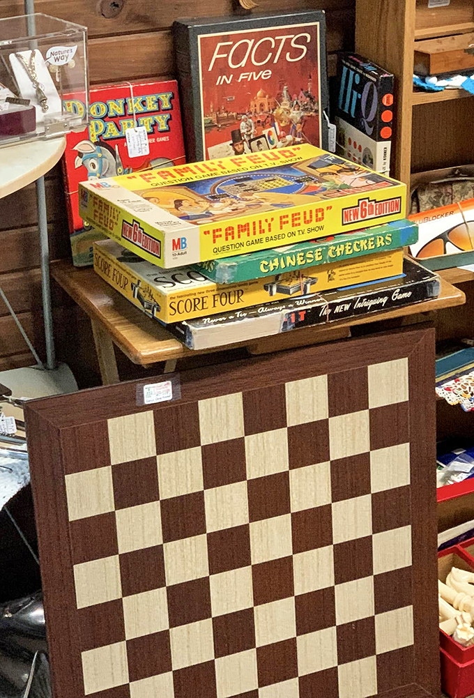Family Feud, Chinese Checkers, and Donkey Party&mdash;board games from when "gaming" meant gathering around a table, not a screen.