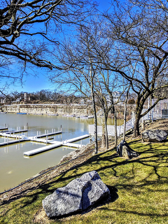 Early spring reveals the marina's quiet beauty, where empty docks wait patiently for summer's boats like restaurant tables before the dinner rush.