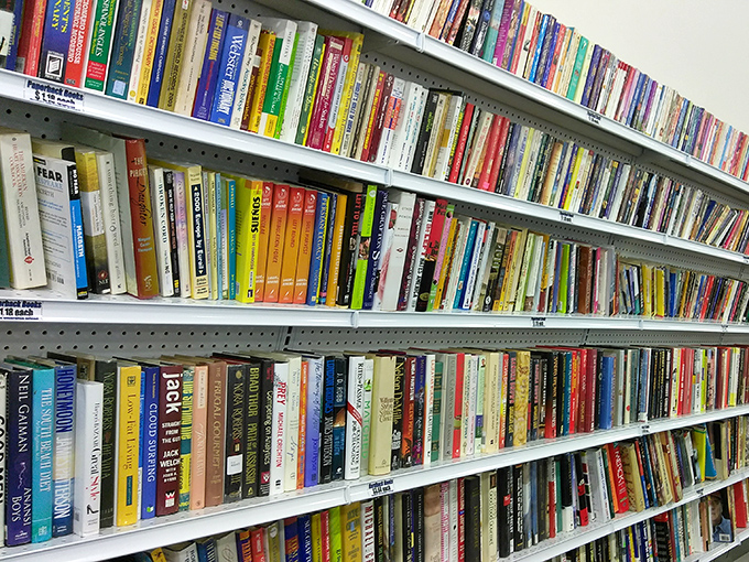 The book section stretches like a literary buffet&mdash;from beach reads to forgotten classics, all priced less than your morning latte.