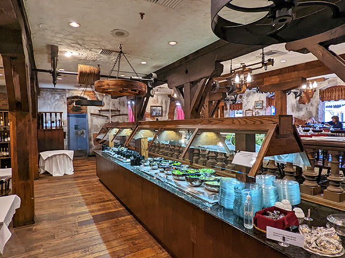 The salad bar stretches like a fresh oasis, housed in what was once the mill's working heart&mdash;function transformed into delicious form.