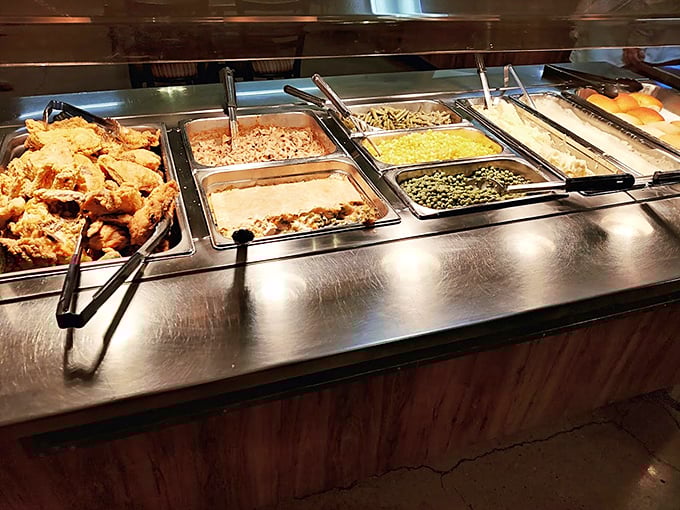 The buffet line &ndash; where decisions get tough and plates get full. That fried chicken is practically jumping onto plates by itself.