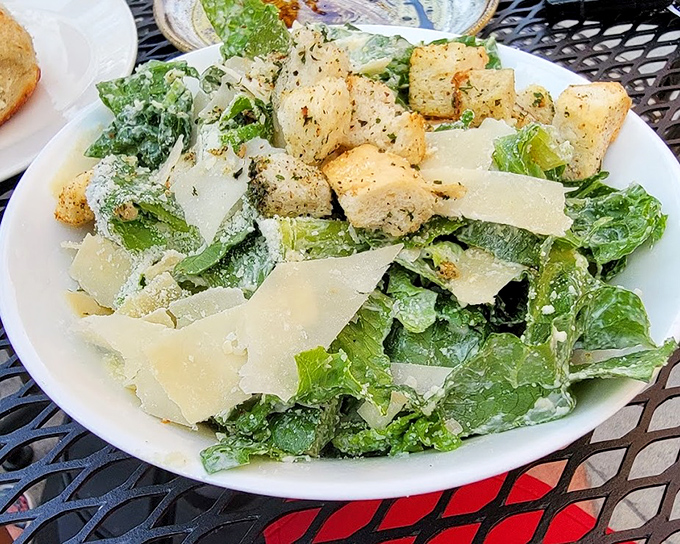 Caesar salad with shaved parmesan that doesn't whisper "healthy option" but declares "legitimate indulgence" with every crisp bite.