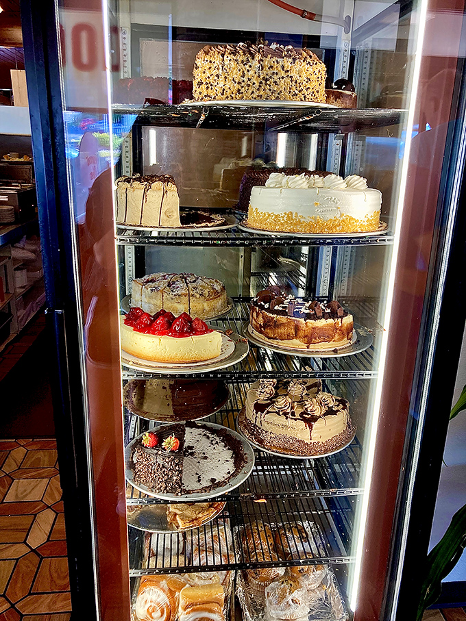 The cake display case &ndash; where diet resolutions go to die and birthday wishes come true. Each shelf holds a different definition of happiness.