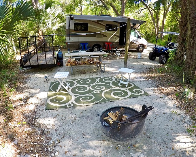 Glamping, Florida-style. This RV setup has all the comforts of home, plus the constant reminder that you're one thin wall away from adventure.