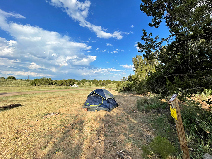 A solo tent sits peacefully in the Oklahoma wilderness, offering solitude that money usually can't buy.