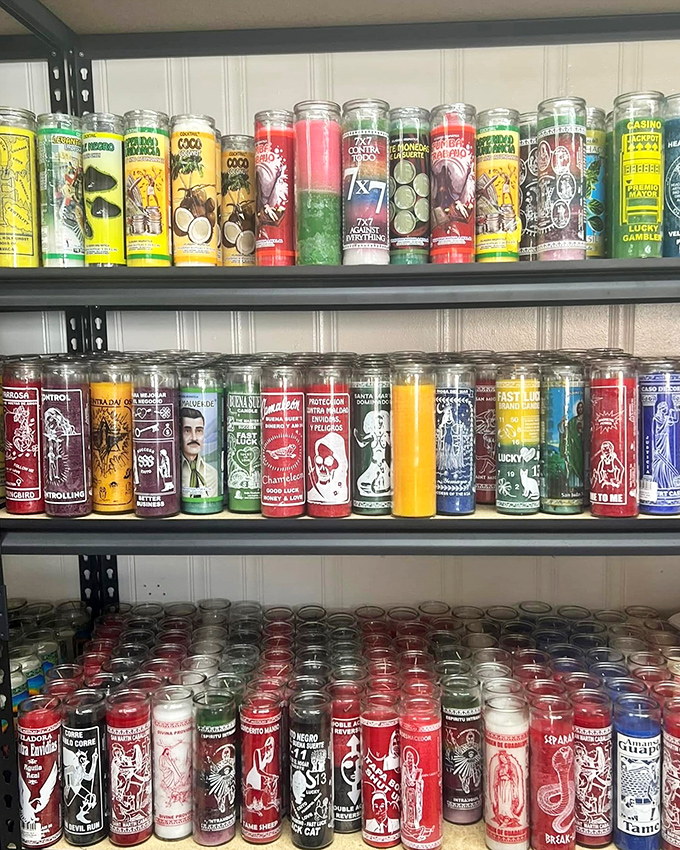 Prayer candles and spiritual supplies in every color imaginable. Whether seeking luck, love, or lottery wins, there's a candle for that.