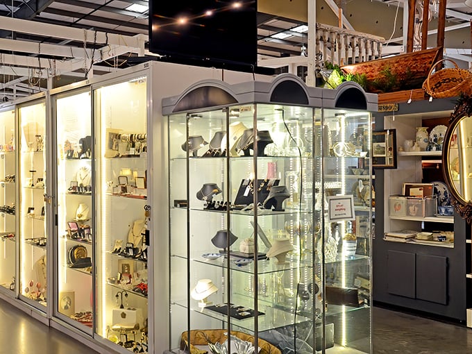 Illuminated display cases showcase the smaller treasures &ndash; jewelry, collectibles, and miniature works of art await their forever homes.