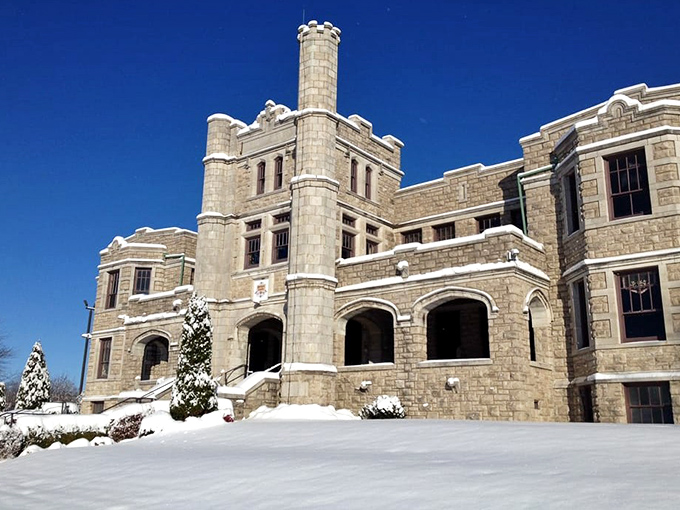 Winter transforms Pythian Castle into a snow-covered wonderland that would make Elsa from Frozen consider relocating to Springfield.