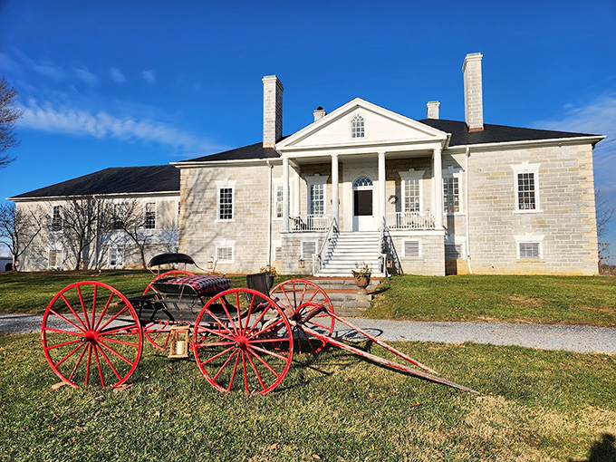 Belle Grove's stately columns and symmetrical grandeur showcase the architectural ambition of early Virginia, complete with historically accurate wagon.
