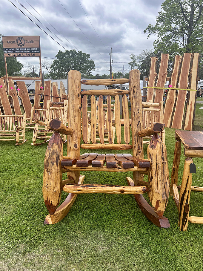 Rustic rocking chairs that practically whisper "sit a spell" in a Texas drawl. Handcrafted comfort that would make Hank Hill proud.