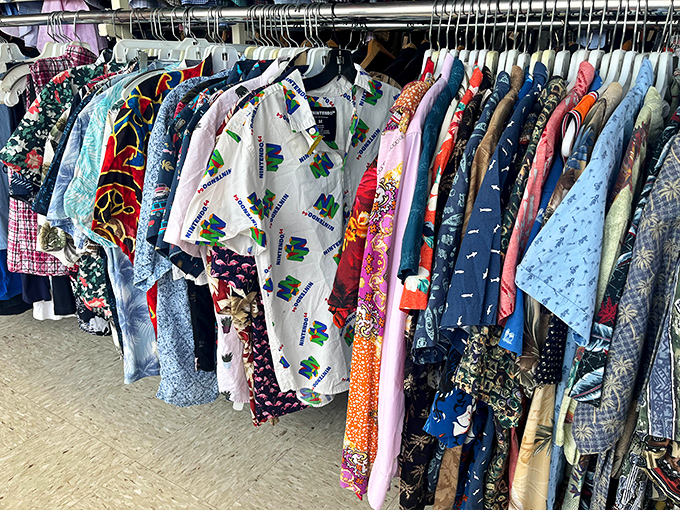Hawaiian shirts that have seen more parties than Jimmy Buffett. Each vibrant pattern tells a story of vacations past and barbecues to come.
