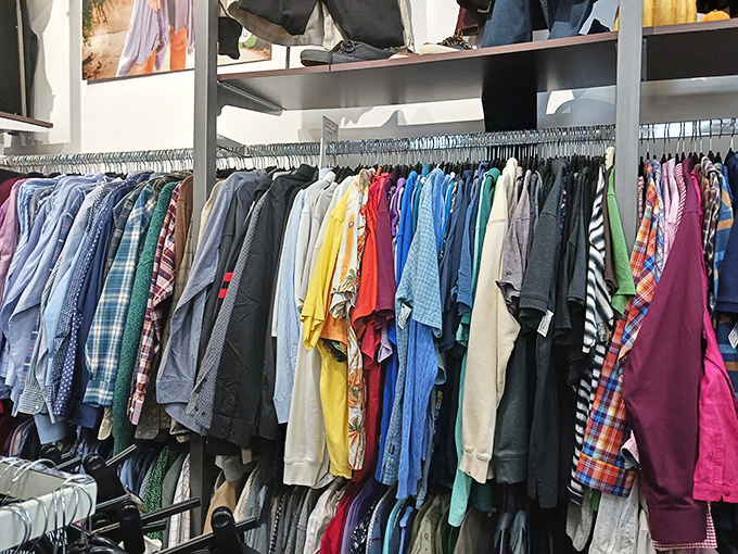 Men's shirts hang like colorful soldiers at attention, ready to march into your wardrobe without declaring war on your wallet.