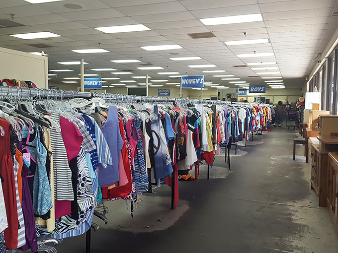 The clothing department rivals small department stores, with color-coded sections that bring unexpected order to secondhand shopping.