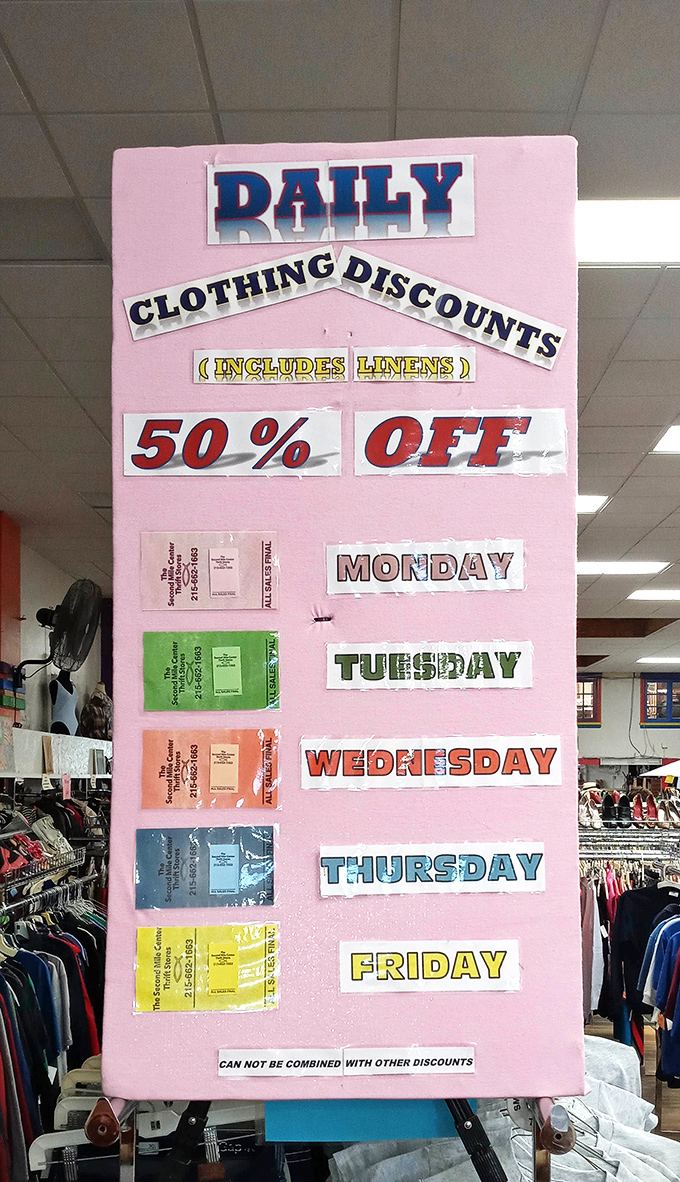 The color-coded discount system is the Rosetta Stone of serious thrifters &ndash; crack this code and your wallet will thank you.