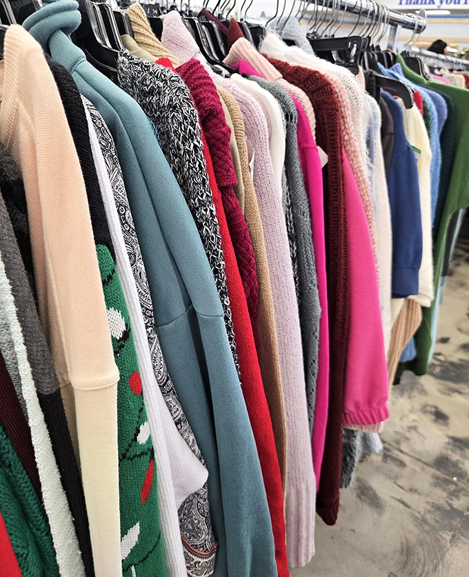 A rainbow of warmth awaits in the sweater section. That holiday pattern peeking out might be exactly what your ugly sweater party needs this year.