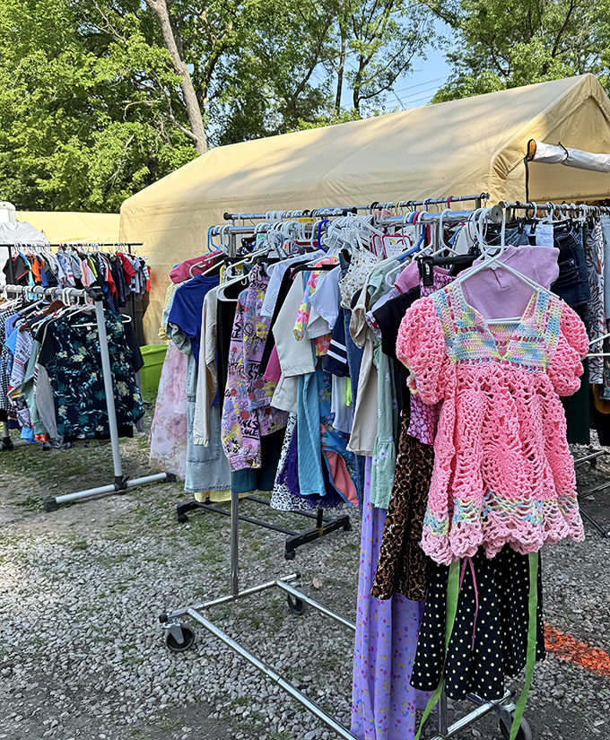 Fashion on wheels! These rolling racks showcase everything from delicate crochet tops to practical everyday wear for Michigan's changeable weather.