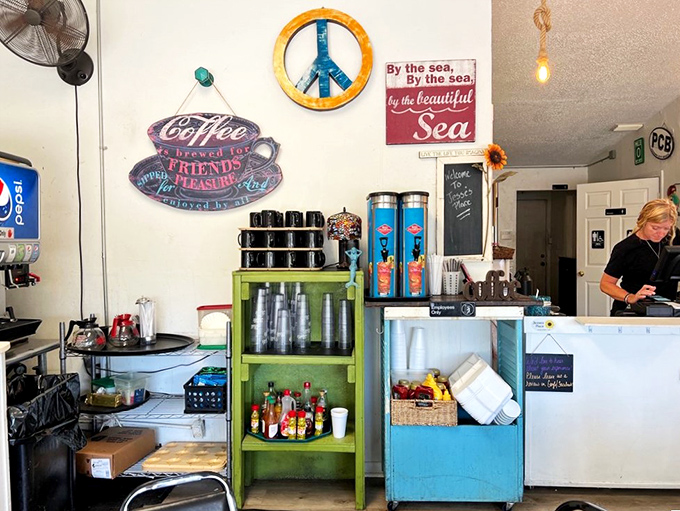 The coffee station isn't trying to be Portland-hip or Seattle-serious—it's just promising a good, honest cup to fuel your beach day adventures.