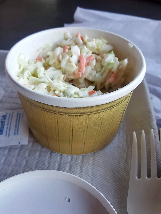The coleslaw that knows its role&mdash;not an afterthought but the perfect tangy counterpoint to rich seafood.