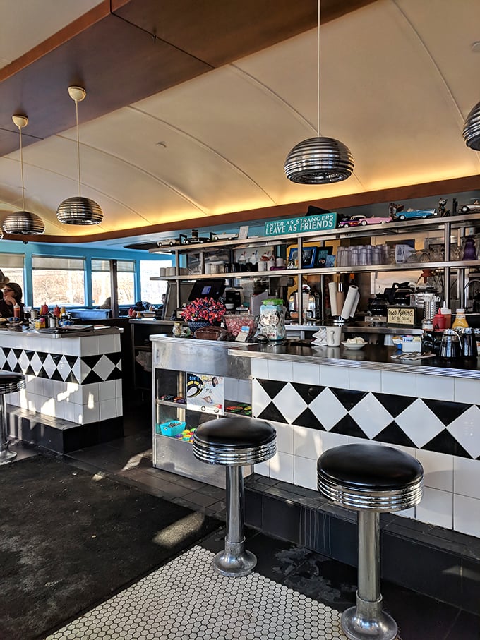 The counter where breakfast dreams come true. That black and white tile pattern isn't just decor&mdash;it's a chess board where every move ends in "delicious."