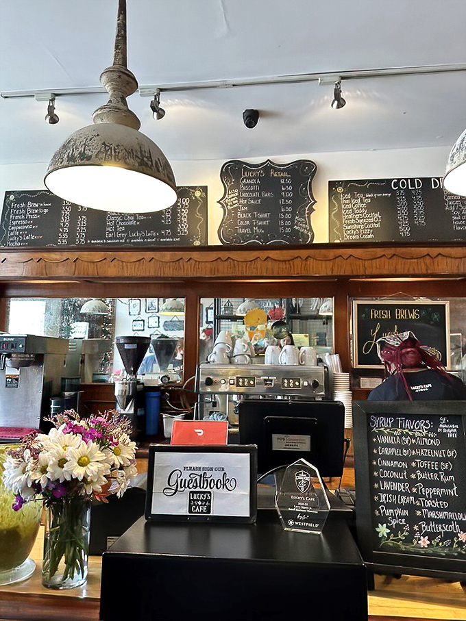 The counter where coffee dreams come true. That vintage pendant light has witnessed more morning revelations and weekend plans than any therapist in town.