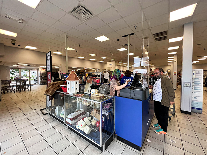 The checkout counter, where treasures are tallied and the thrill of scoring amazing deals becomes mathematical reality.