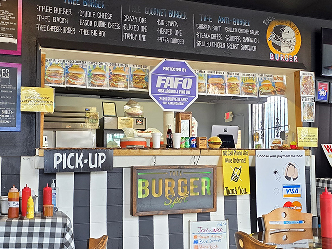 The order counter doubles as a shrine to burger possibilities, with the menu board tempting you to go beyond your usual order.