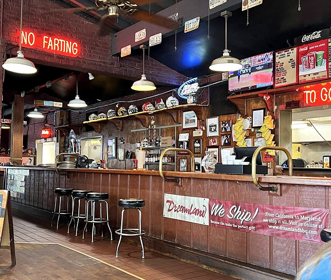 That "No Farting" sign tells you everything about Dreamland's sense of humor &ndash; serious about barbecue, not about pretension.