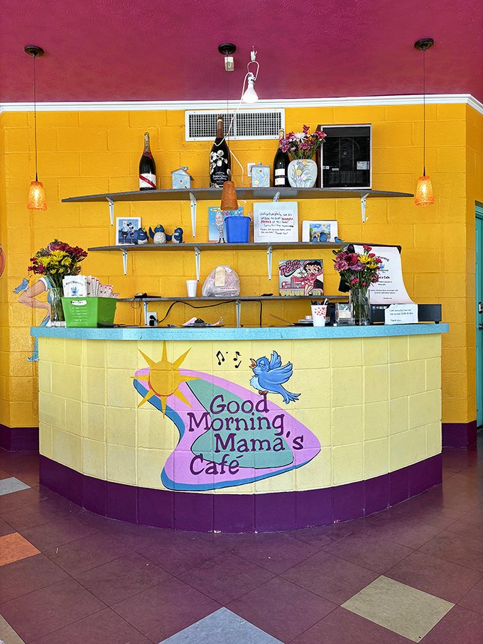 The host station's sunny yellow curves and cheerful blue bird logo set the tone for the happiness that awaits at your table.