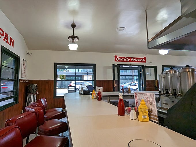 The counter view reveals the heart of The Apple Pan &ndash; where strangers become temporary neighbors united by the universal language of good food.