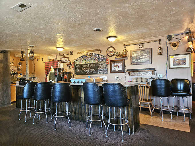The counter where regulars exchange news and friendly banter. These stools have witnessed more Idaho stories than most history books.