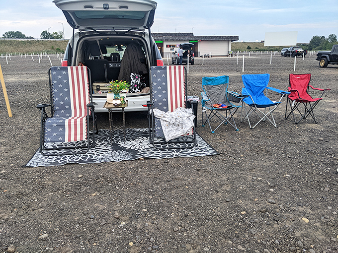 The ultimate family room upgrade: tailgate viewing with patriotic flair and enough camp chairs for the whole neighborhood.