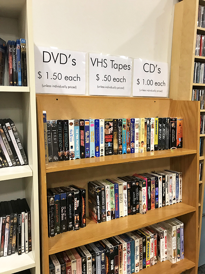 Yesterday's blockbusters at blockbuster prices. The DVD section is a time capsule of movie nights past, waiting for their encore presentation.