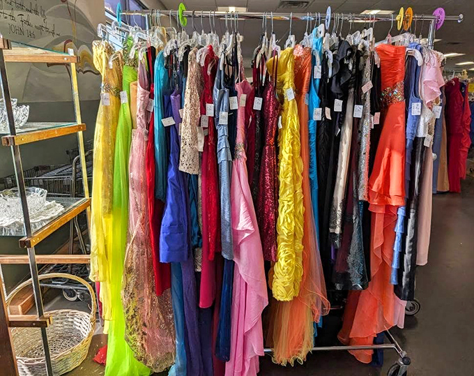 A rainbow explosion of prom and party dresses&mdash;from subtle sequins to full-on glitter bombs&mdash;all waiting for their next night to shine.