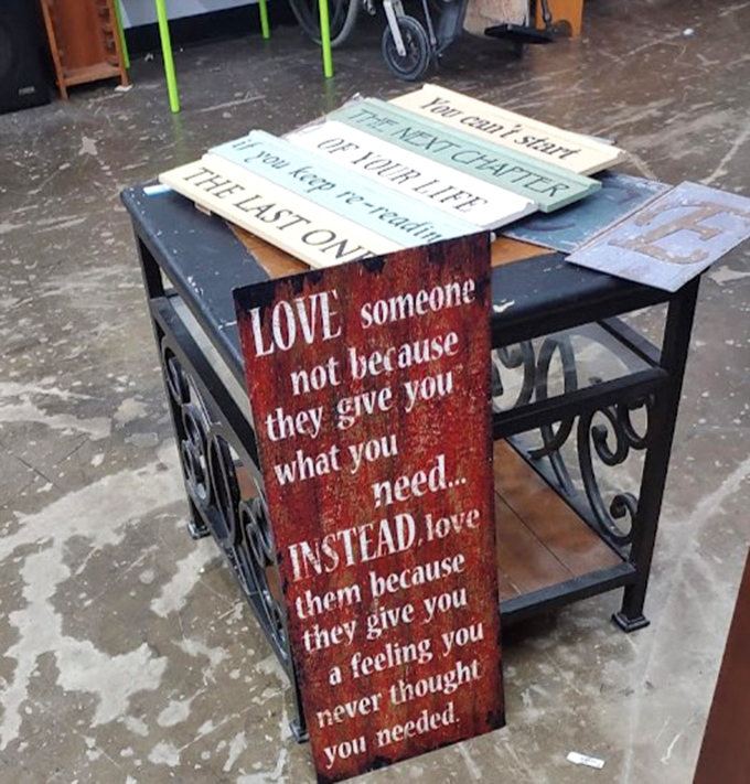 Words of wisdom on weathered wood&mdash;philosophical furniture additions that come with pre-installed life advice.