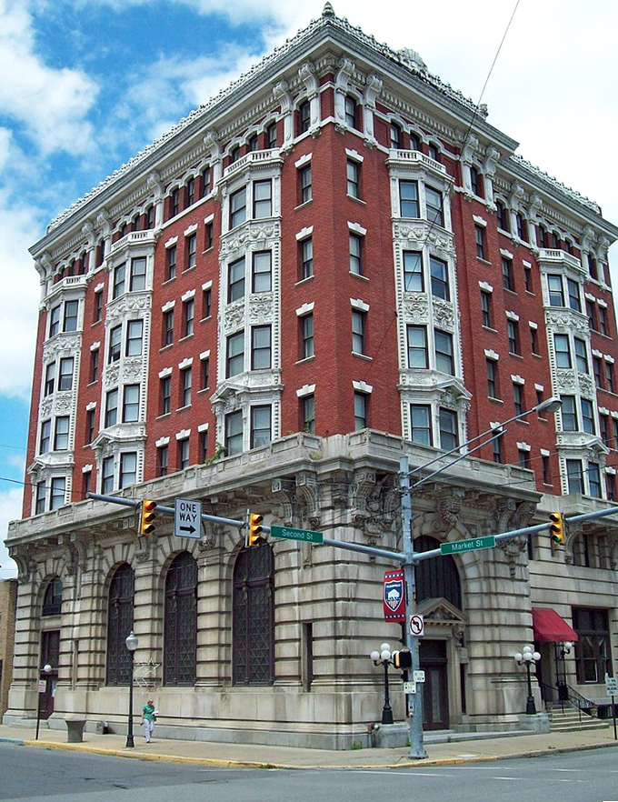 The Dimeling Hotel's ornate façade showcases architectural details that would cost millions to replicate today—a red-brick reminder of Clearfield's prosperous past.