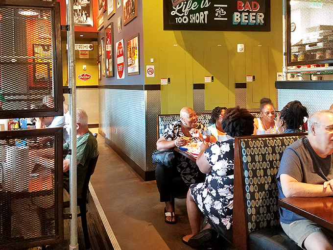 A diverse crowd united by the universal language of "wow, this is good"&mdash;the United Nations of burger appreciation.