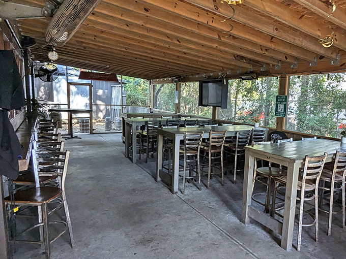 Outdoor seating where the breeze carries hints of hickory smoke. Nature and barbecue&mdash;a pairing as old as fire itself.