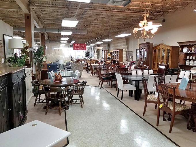 Dining room wonderland where tables that have hosted countless family dinners stand ready for your next gathering of friends.