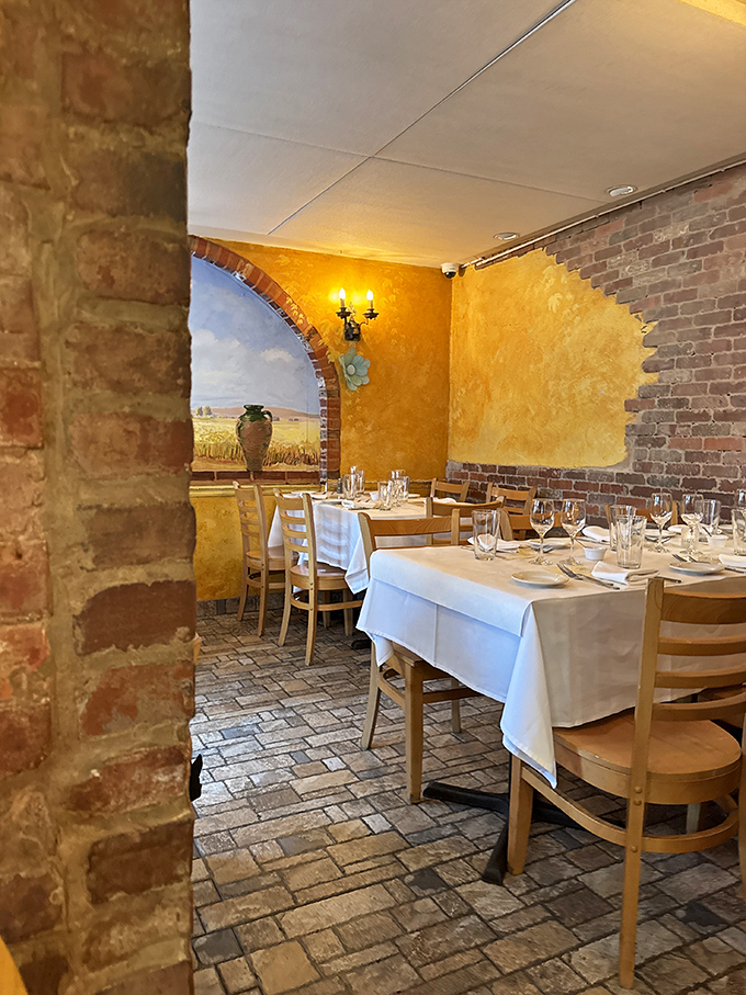 The dining room feels like your Italian grandmother's house, if your grandmother had impeccable taste and brick archways that frame each meal like artwork.