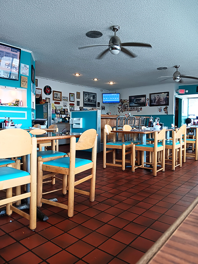 The diner's interior feels like a time machine with ceiling fans, terracotta floors, and chairs that have heard thousands of breakfast debates.
