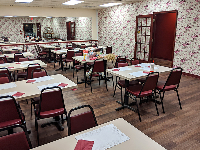 The dining room whispers of simpler times, when conversations weren't interrupted by notifications and pie was the only status update needed.