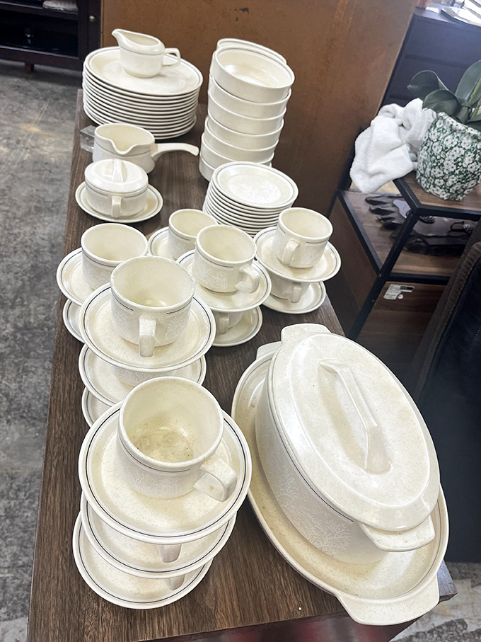 Dinner party gold mine! This vintage dinnerware set awaits someone who appreciates that matching plates are just the beginning of hospitality.