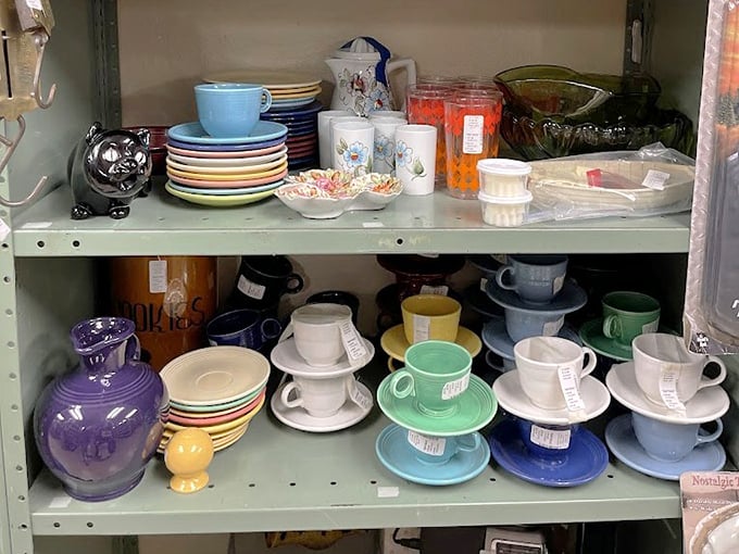Fiestaware and vintage teacups in a rainbow of colors&mdash;each piece silently waiting to host its next gathering of friends over steaming Earl Grey.