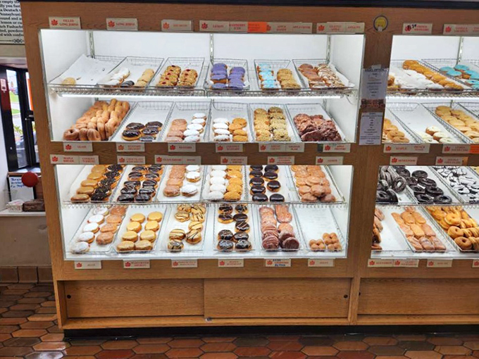 Donut heaven has shelves. Each tray contains a different path to happiness, all conveniently organized for maximum temptation.